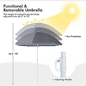 COSTWAY, Folding w/Detachable Umbrella, Cooler Bag, Cup Holders, Patio Beach Camping Outdoors Double Portable Picnic Chair, Grey