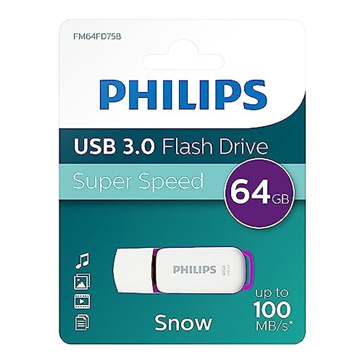 PHILIPS High Speed 64GB Flash Drive, Snow Edition USB 3.0 - White/Purple, 100MB/s
