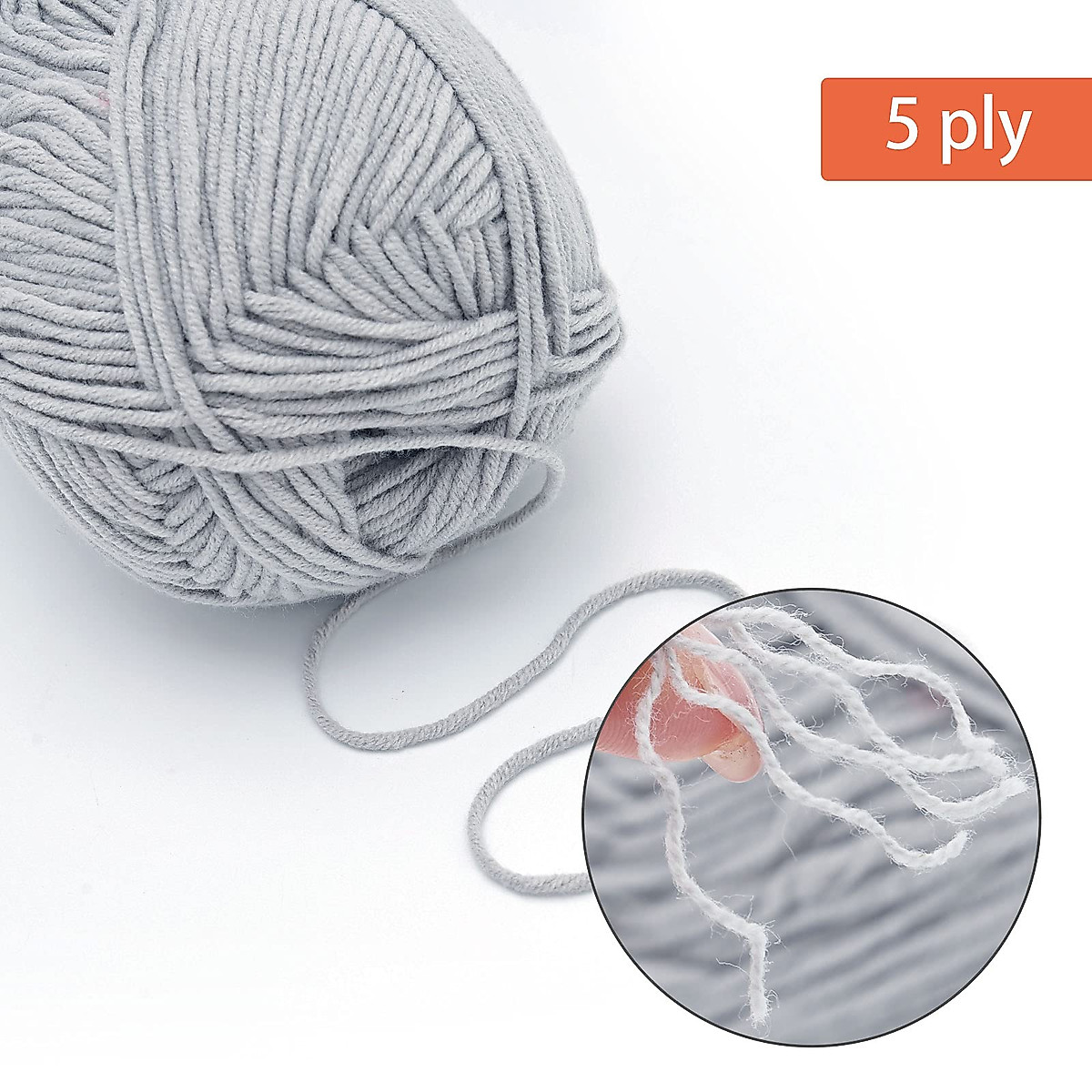 NICEEC 3 Skeins Soft Cotton Yarn 5ply Baby Cotton Yarn for Knitting Crochet Baby Weight Yarn Cotton Blend Yarn Total Length 3×220m(3×240 yds,100g×3)-Light Grey