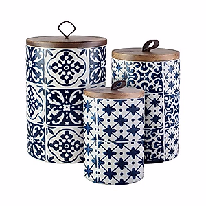 American Atelier Medallions Canister Set 3-Piece Ceramic Jars in Chic Design With Lids for Cookies, Candy, Coffee, Flour, Sugar, Rice, Pasta, Cereal & More Blue