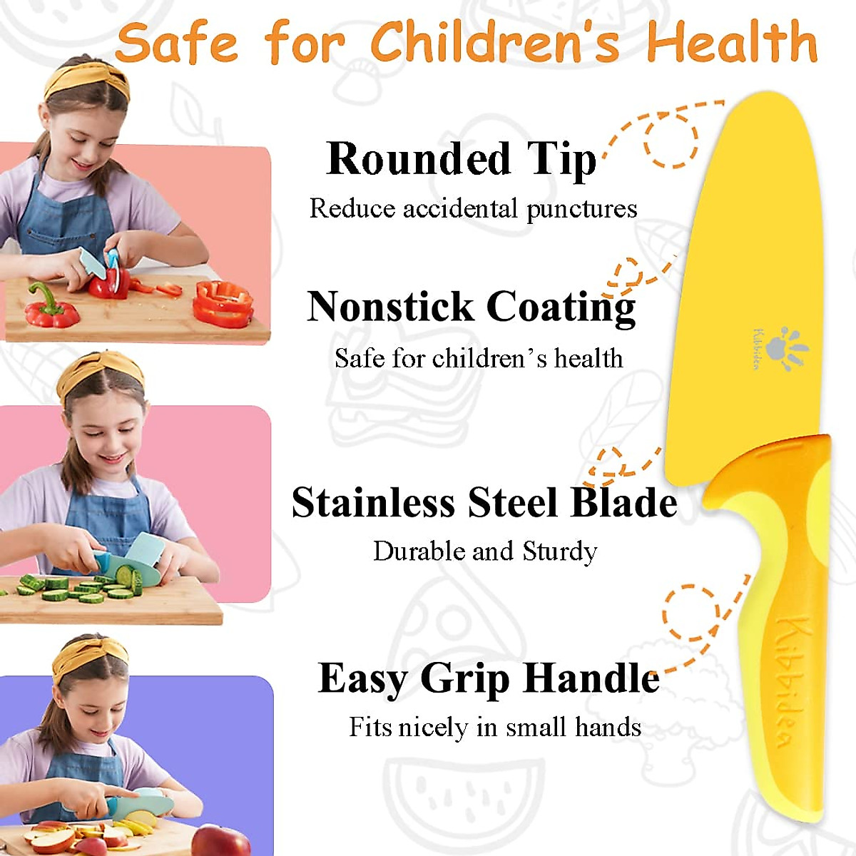 Kibbidea Kids Knife Set, 4-Piece Kids Cooking Sets Real, Stainless Steel Kids Kitchen Chef's Knives with Peeler, Finger Guard, Protective Glove for Cutting Peeling (Blue)