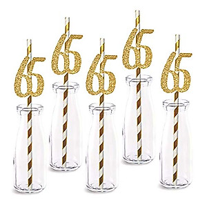65th Birthday Paper Straw Decor, 24-Pack Real Gold Glitter Cut-Out Numbers Happy 65 Years Party Decorative Straws
