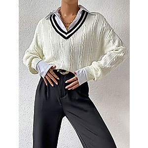 Verdusa Women's V Neck Striped Drop Shoulder Long Sleeve Sweater Knit Tops Pullover White Medium