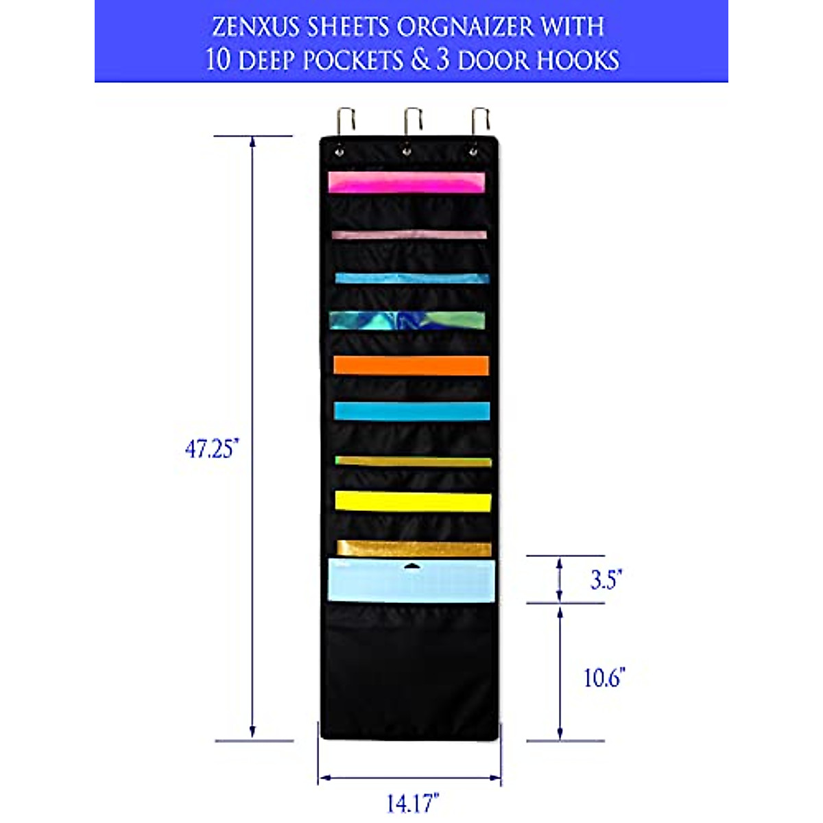 ZENXUS Hanging Organizer, 12x12 Paper Storage, Deep Pocket Vinyl Holder, for Cardstock, Scrapbook, Craft Paper, Cut Mat, 3 Door Hooks Included