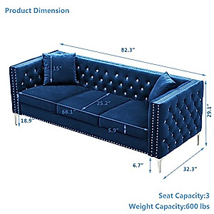 mikibama Velvet Sofa with Jeweled Buttons and Square Arms 82.3 Inch Tufted Couch with Trimmed Nailhead and Metal Legs 3 Person Couch with 2 Pillows for Living Room, Bedroom and Office (Blue)