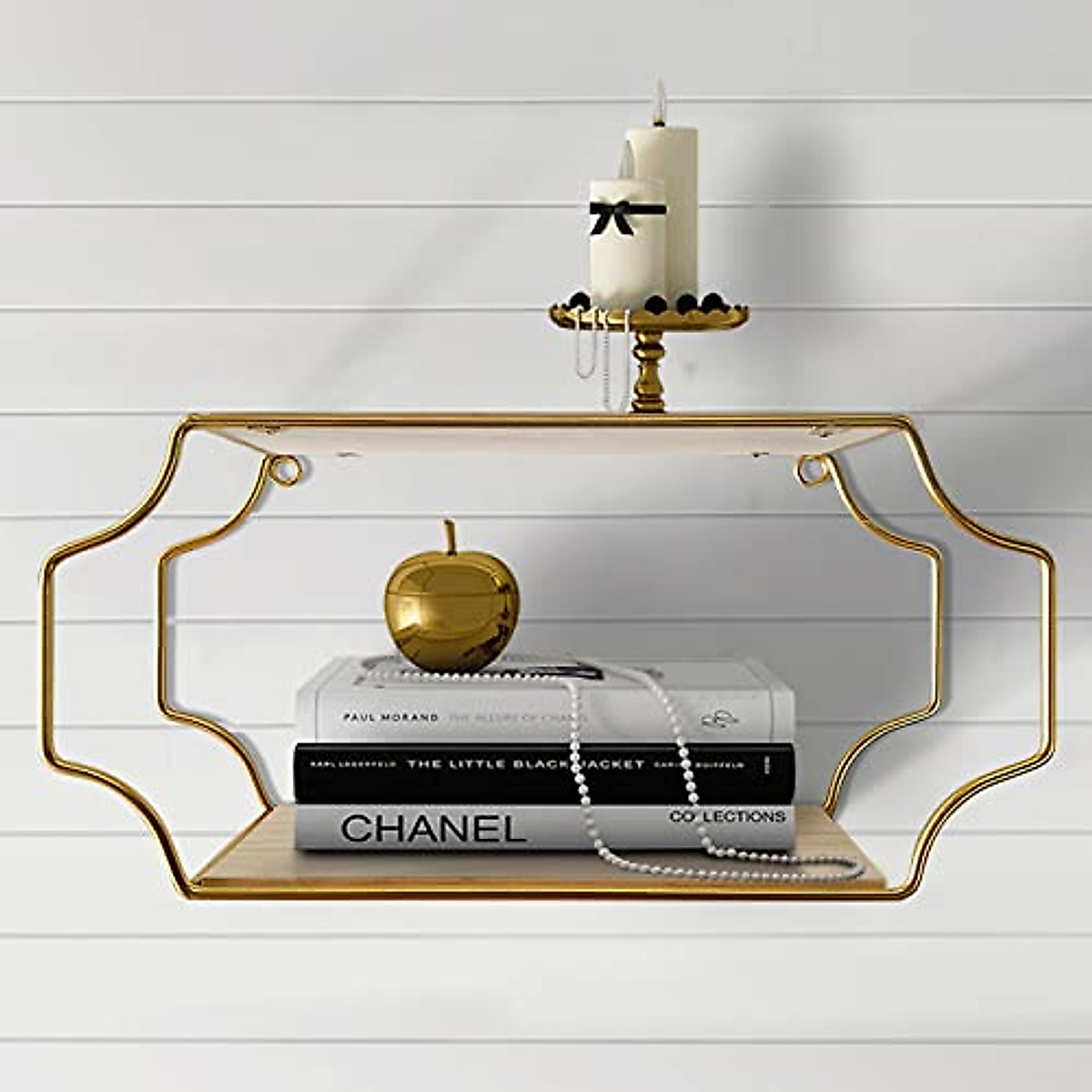 Dianhengmi Rectangular Floating Shelves Wall Decor, Gold Metal Wire and Wood Wall Mounted Large Space Storage Shelf Home Decorations Art for Bedroom Living Room Kitchen Bathroom, Set of 3