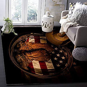 Area Rug for Bedroom Living Room- Retro Western Cowboy Hat with Boots Rope on American Flag Contemporary Floor Carpet Comfy Runner Rug Nursery Playmats Home Decor Mat, 5'x8'
