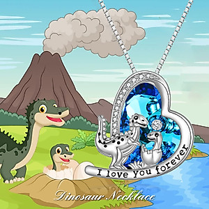 POPKIMI Dinosaur Gifts for Women Dinosaur Mother Necklace Sterling Silver Crystal Love Heart Dinosaur Pendant Necklaces I Love You Forever Jewelry Gifts For Women Mother Daughter