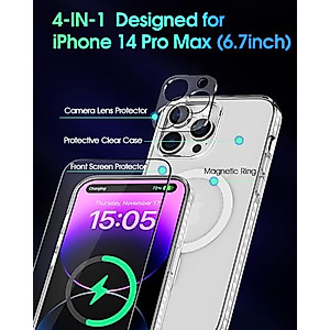 SCORPIFY iPhone 14 Pro Max Case for Magnetic Clear Design, [Non Yellowing] Phone Cover for Men Women, with Tempered Glass Screen+Camera Lens Protector, [Compatible with MagSafe] Slim Bumper, Clear