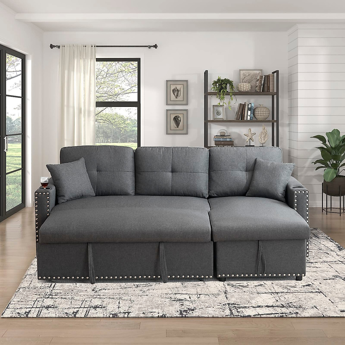asunflower Sleeper Sofa with Pull Out Couch Small Sectional Sofa with Storage Chaise, Convertible Sleeper Couch Bed for Living Room Apartment L Shape Bedroom Sleeper,Grey