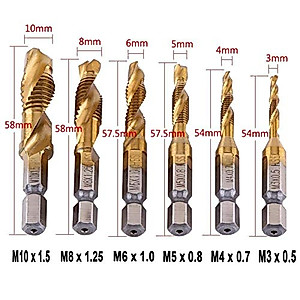 6PCS Titanium Combination Drill and Tap Bits Set, 1/4" Hex Shank HSS SAE Screw Tapping Bit with Center Punch Tool for Drilling, Tapping and Countersinking (Metric M3-M10)