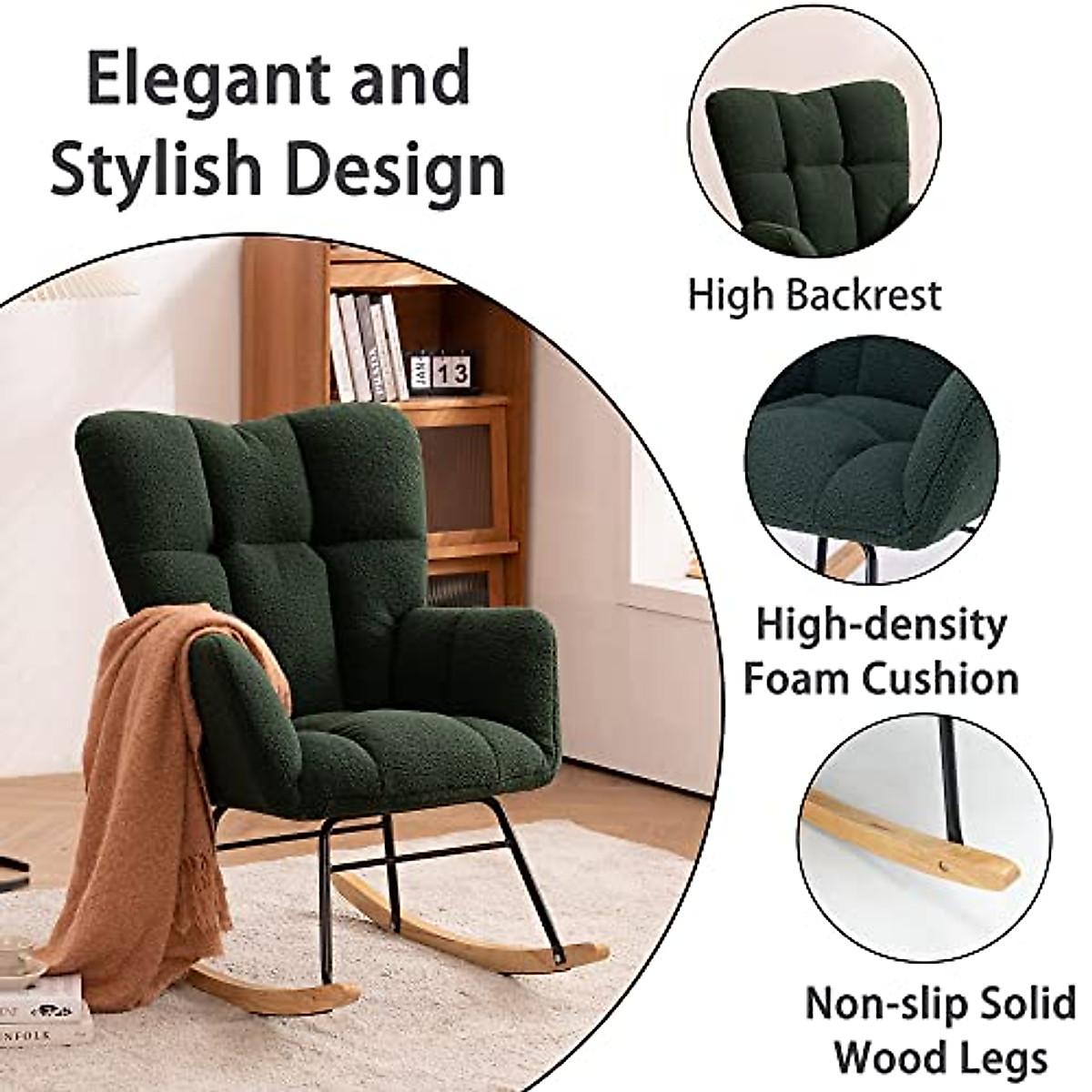 Krinana Teddy Fabric Nursery Rocking Chair, Rocker Armchair with Solid Wood Legs, Glider Chair Nursery with High Backrest for Living Room Apartment (Teddy Fabric,Green)