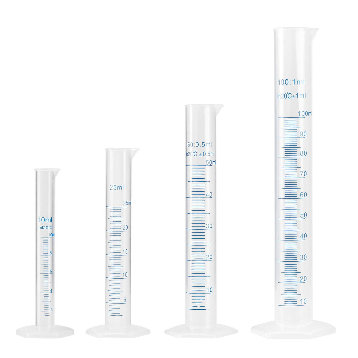 Lurrose Measuring Cylinder Graduated Cylinder Lab Test Tube Set of 4, Plastic Graduated Cylinder Set 10, 25, 50, 100ml