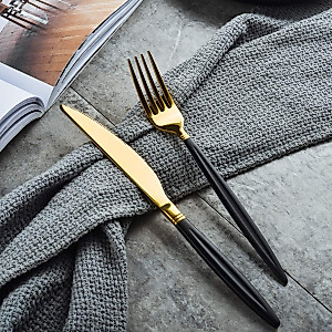 20 Piece Black Gold Flatware Set, Stainless Steel Silverware Set, Titanium Gold Spoon and Spray Paint Handle Cutlery Set, Service Set for 4 (Matt Black with Shiny Gold)