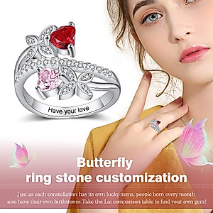 LanM Personalized Promise Rings for her Butterfly Rings for Mother with 2 Simulated Birthstone Engraved Womens Names Mother Rings for Family Mother Day Gift, Silver