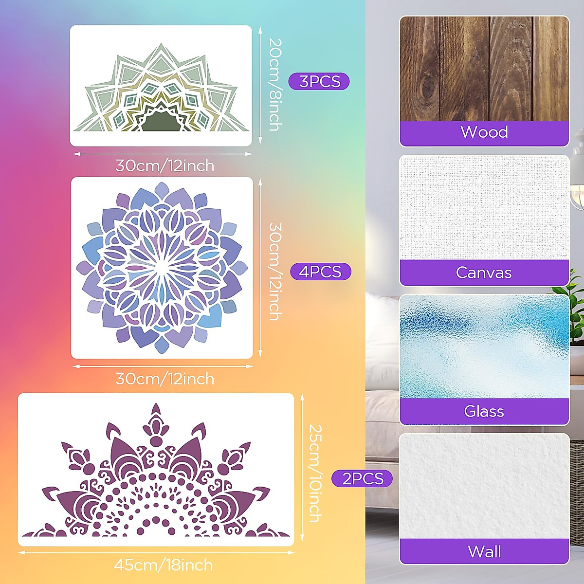 9 Pack Large Mandala Stencils for Painting Reusable Floral Mandala Drawing Stencils Mandala Painting Templates on Wood Floor Wall Tile Furniture Fabric Canvas Wood DIY Craft Art Supplies Home Decor