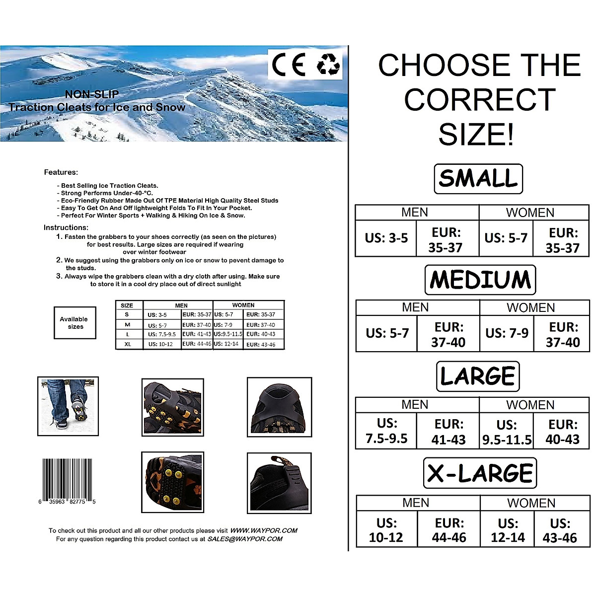 WAYPOR™ Ice Grips, Traction Cleats, Ice Cleat, Easy Slip On, Outdoor Durable, 10 Steel Studs, Stretchable, Prevent Slipping from Ice/Snow (Medium)