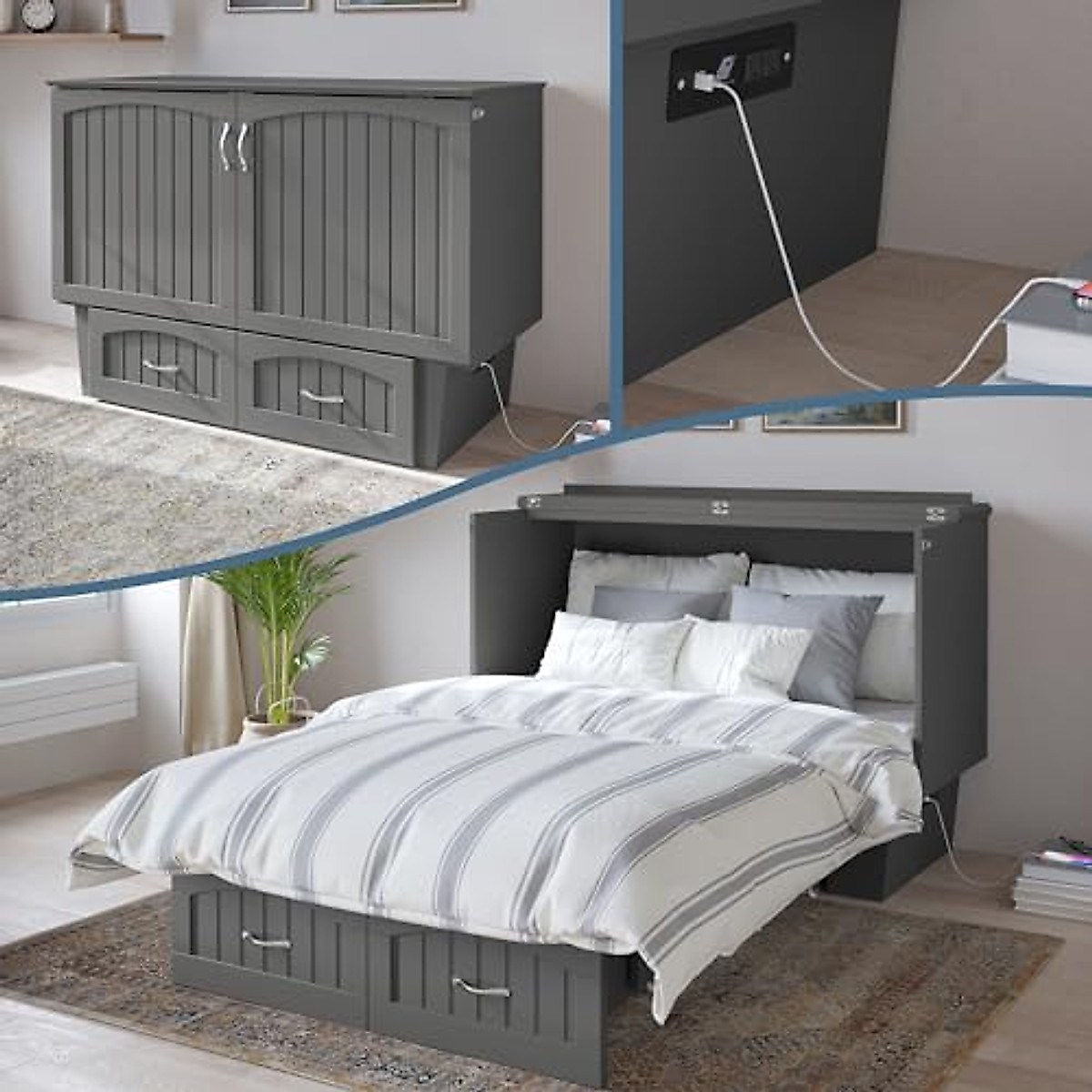 AFI, Nantucket Murphy Bed Chest with 6 inch Memory Foam Folding Matttress, Built-in Charging Station and Storage Drawer, Full, Grey