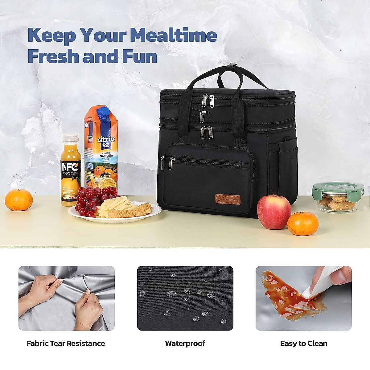 Maelstrom Lunch Box For Men Women,Insulated Lunch Bag Women,Expandable Double Deck Lunch Cooler Bag,Lightweight Leakproof Lunch Tote Bag With Side Tissue Pocket,Suit For Work School 18L,Black