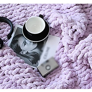 Victusphia Chunky Knit Blanket Throw Chenille Knitted Yarn Throw Blanket for Couch & Bed Fall Decor Large Soft Comfy Cable Blankets & Throws Purple Lavender 50"x60"