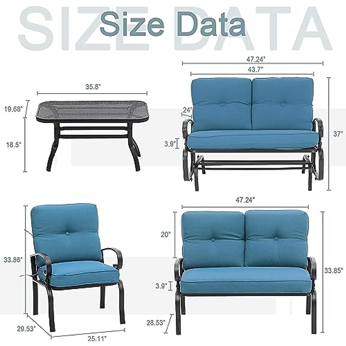 Oakcloud 5-Piece Outdoor Metal Furniture Sets Patio Conversation Set Wrought Iron Glider, 2 Single Chairs, Loveseat and Coffee Table, Peacock Blue