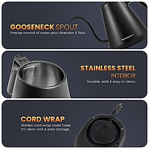 Elite Gourmet EKT3001 1L Digital #304 Stainless Steel Interior 1200W Kettle Pre-Programmed Temperatures, Keep Warm, Cordless, 360° Base, 90° Gooseneck Spout, Auto Shut-Off Function, Matte Black