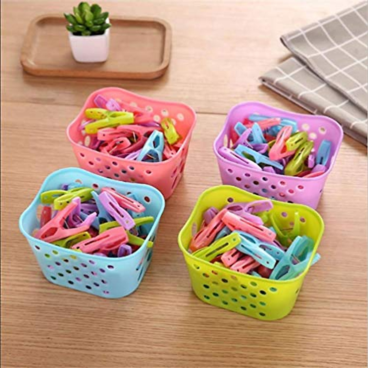 Goeielewe 30 Pcs Plastic Clothespins Clothing Clips Pegs with Storage Basket, Multifunction Windproof Clothing Towel Clips for Clothesline Hangers (Purple)