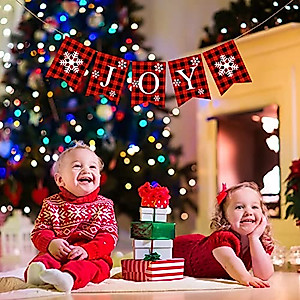 Plaid Christmas Joy Banner Cotton Burlap Christmas Rustic Bunting Banner for Christmas Hanging Decorations (Red)