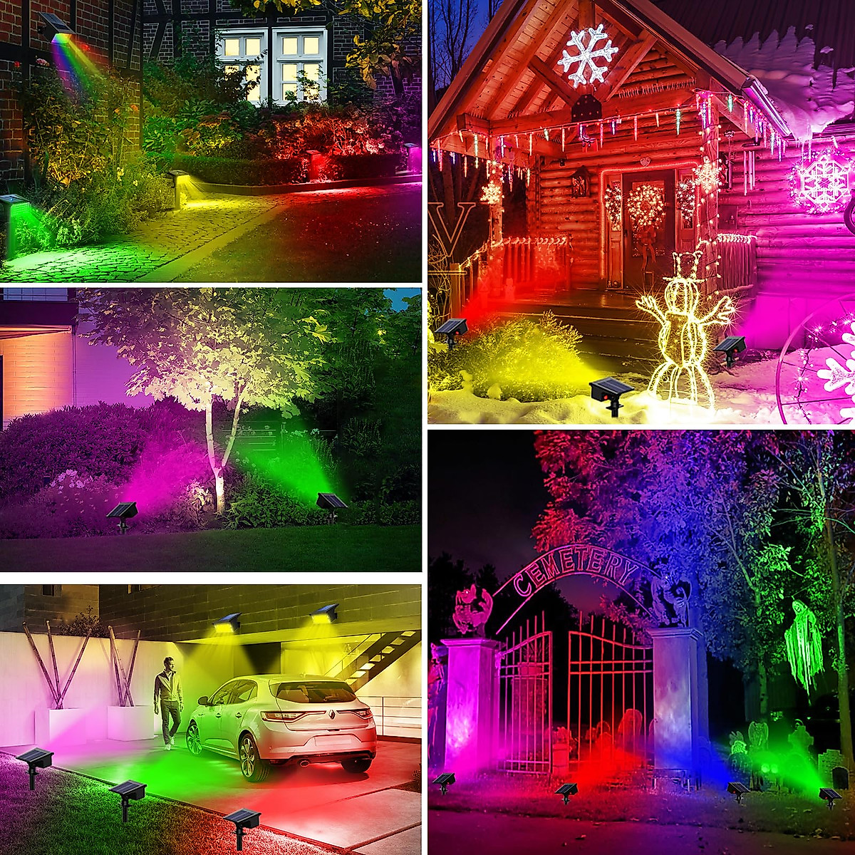 nipify Solar Spot Lights Outdoor Color Changing, [ 8 Modes/6 Pack/56 LED ] Halloween RGB Powered Spotlight, Landscape Lighting for Outside Yard Garden Pathway