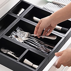 Oyydecor Bamboo Drawer Organizer Storage Box Set, 5-Piece Multi-Use Junk Drawer Organizer for Kitchen, Bathroom, Office Desk, Dresser, Makeup, Vanity (Black)