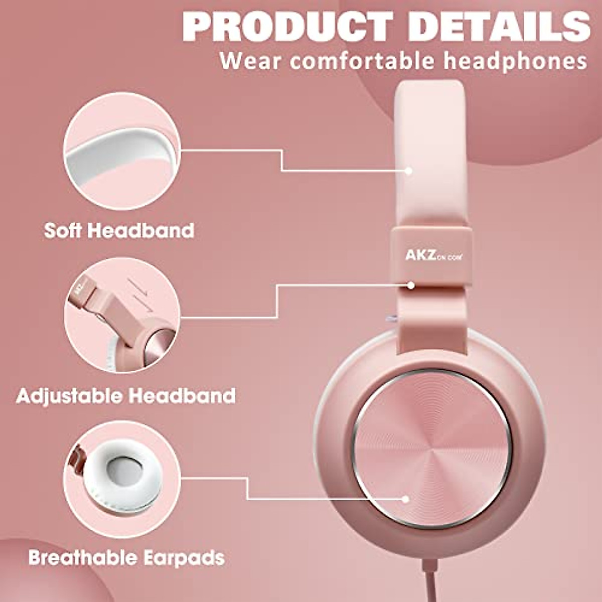 AKZ On-Ear Headphones with Microphone, Foldable Headphones with Tangle-Free Cord, Headphone with HD Sound, 3.5MM Jack, Portable Wired Headphones for School/Kids/Smartphones/Tablet/Travel (Pink)