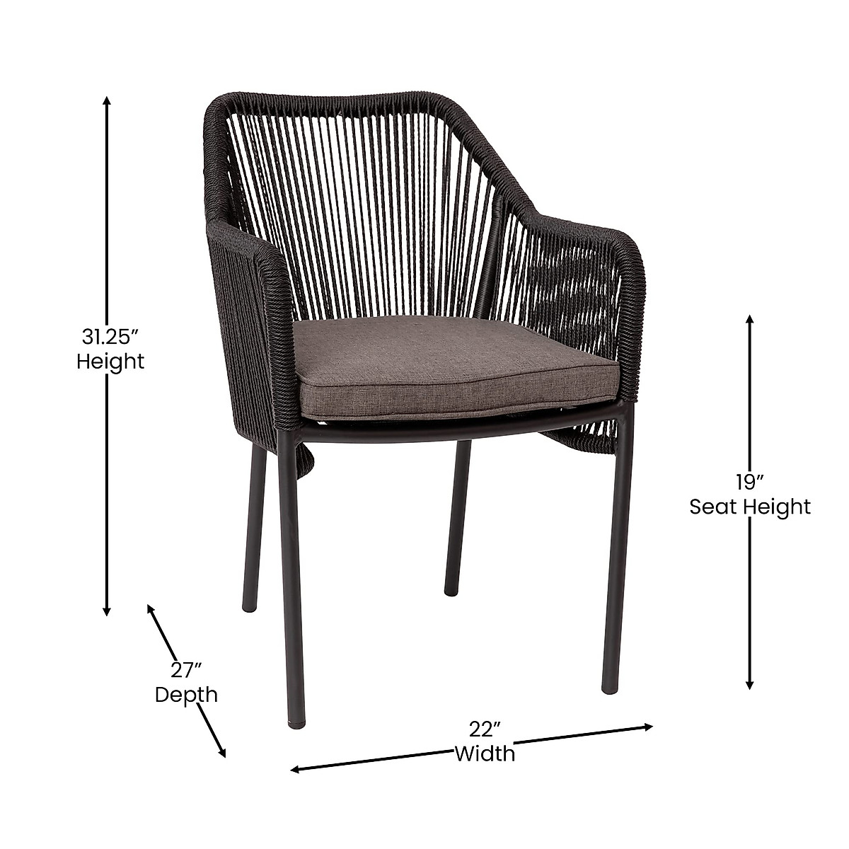 Flash Furniture Kallie Set of 2 Indoor/Outdoor Stacking Club Chairs with Arms - UV Resistant Woven Black Seat & Back - Gray Zippered Cushions - Black Aluminum Frame