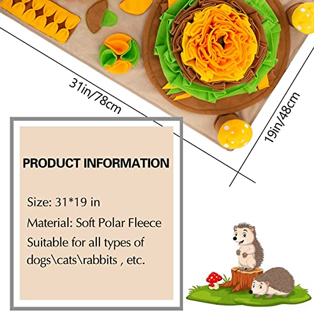 Meilzer Pet Snuffle Mat for Dogs Hedgehog Puzzle Toy Large Sniffing Mat with Squeaky Mushrooms Portable Indoor/Outdoor Digging Mat for Foraging Skills & Stress Relief