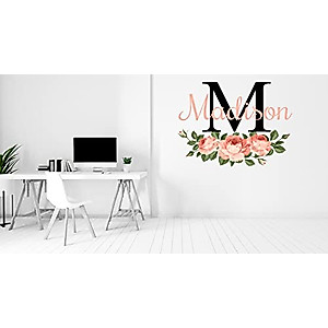 CuteDecals Flowers Custom Name & Initial Wall Decal - Personalized Peonies Art Decor Mural Girls Stickers For Nursery Bedroom Decoration (Mini Wide 15''x13'' Height)