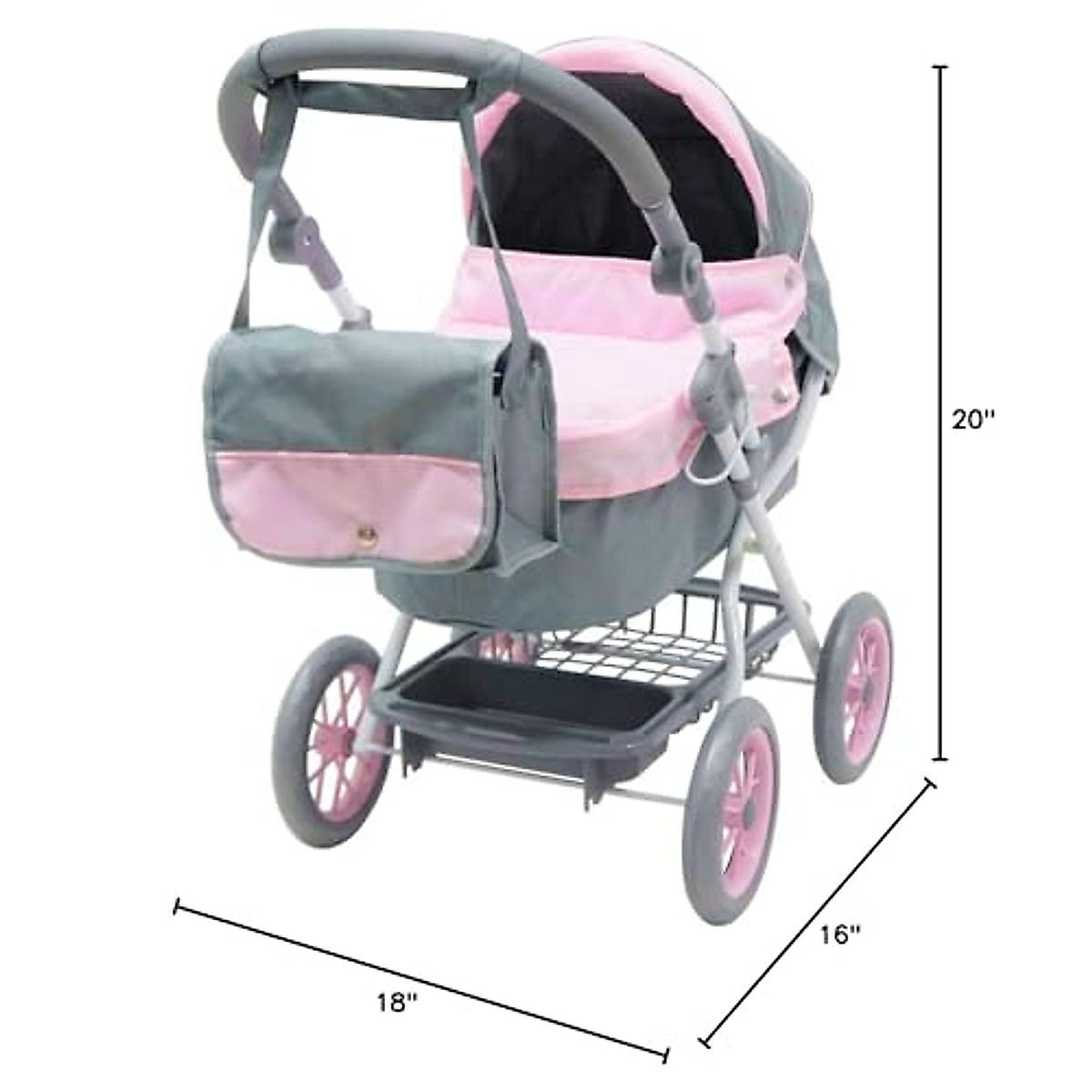 KOOKAMUNGA KIDS Baby Doll Stroller - Foldable Baby Stroller for Dolls - Play Stroller & Bassinet w/Retractable Canopy - Diaper Bag - Adjustable Soft Grip Handle - Ideal for 16” 18” & 20” Dolls