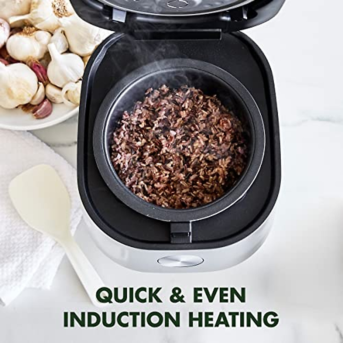 GreenPan Stainless Steel Healthy Ceramic Nonstick 8-Cup Rice Oats Grains & Soup Cooker, Induction Heating for Consistent Results, Dishwasher Safe Pot, Includes Spatula Ladle & Measuring Cup