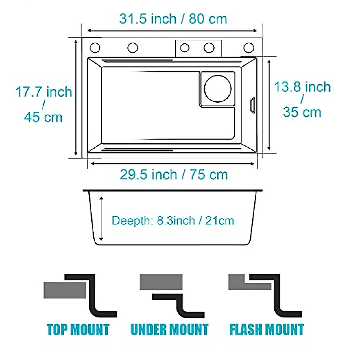 MWIDCIEW Drop In Kitchen Sink Gunmetal Gray Stainless Steel Waterfall Kitchen Sink with Pull Down Sprayhead Faucet Single Bowl Kitchen Sink Workstation with Multiple Accessories (31.5 x 17.7 inch)