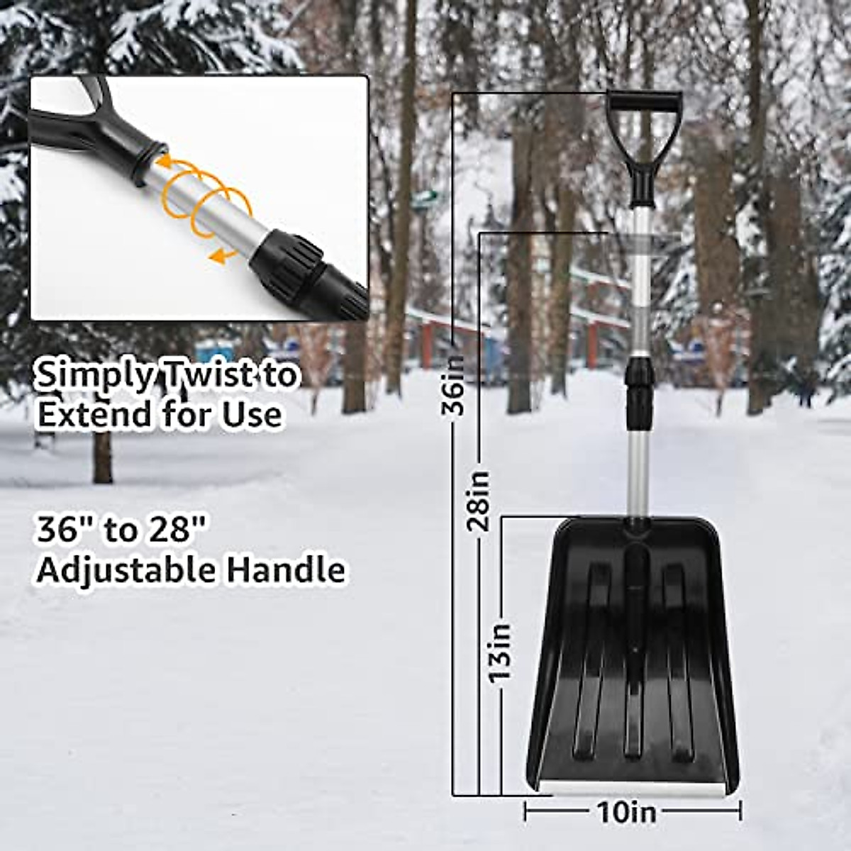 Collapsible Snow Shovel, Emergency Car Snow Shovel with Comfortable D-Grip Handle and Durable Aluminum Edge Blade, Portable Snow Shovel for Driveway Trunk Garden Camping (Adjustable 28" to 36")