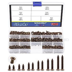 Glarks 1300Pcs 5mm 6mm 7mm 8mm 10mm Small Tiny Nails Wood Screws Set Bronze Self Drilling Flat Cross Head Screws Assortment Kit for Home Furniture Decor (Bronze)