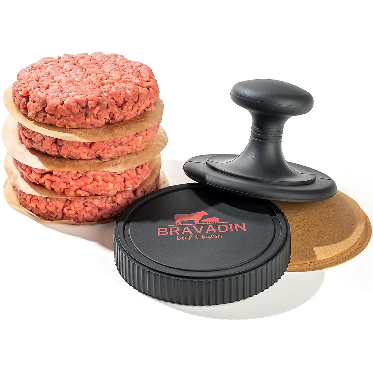 BRAVADIN Hamburger Press Patty Maker 1/3 lb with 100 Papers for 4.5-6" Patties, Non Stick Silicone Burger Mold, Versatile Grill Burger Shaper