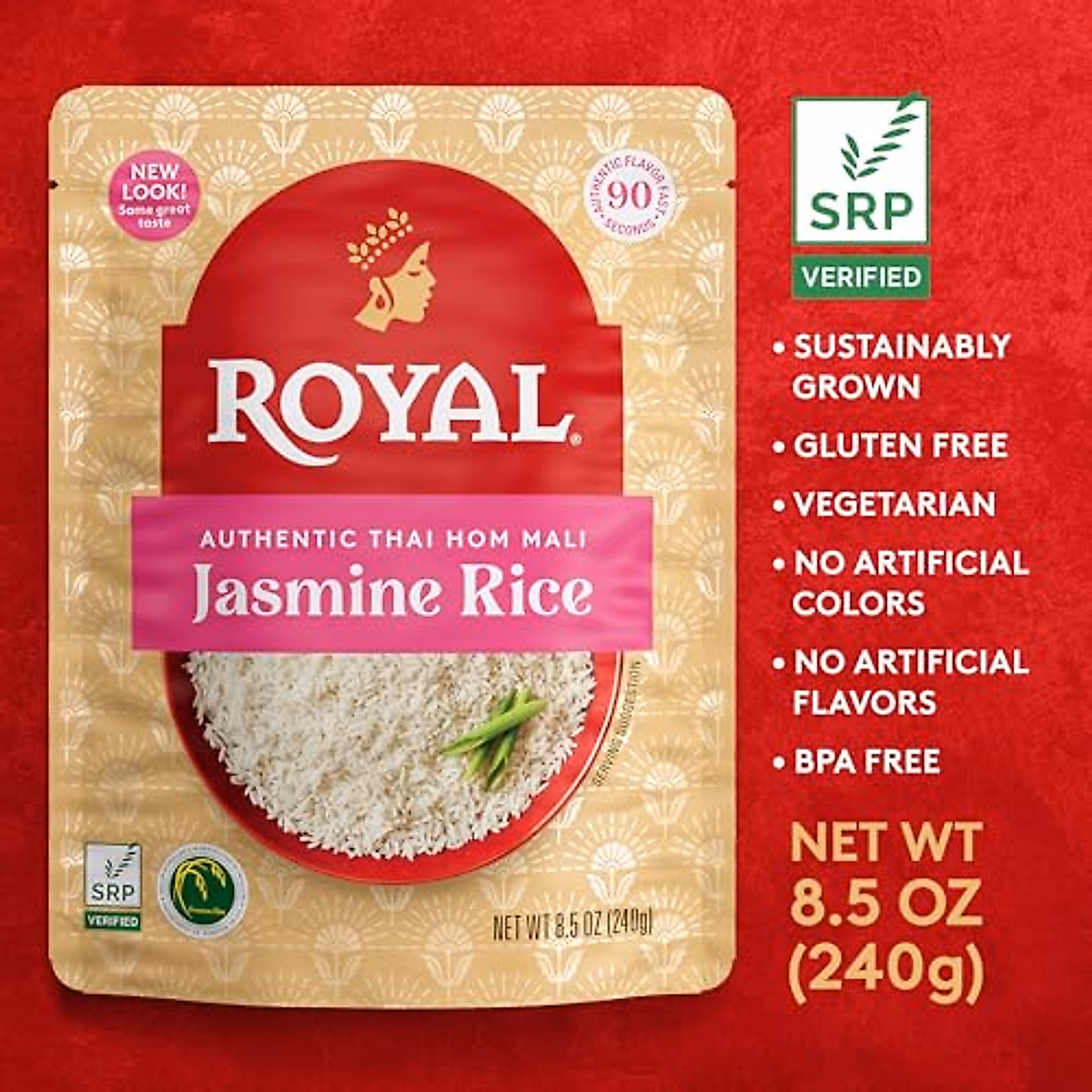 Royal Authentic Thai Hom Mali White Jasmine Rice - Microwave Rice - Dinner Side Dish - (4 Pack) 8.5 oz Pouch