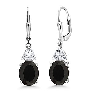 Gem Stone King 925 Sterling Silver Black Onyx and White Zirconia Dangle Earrings For Women (5.00 Cttw, Gemstone December Birthstone, Oval 10X8MM, Trillion 5MM)