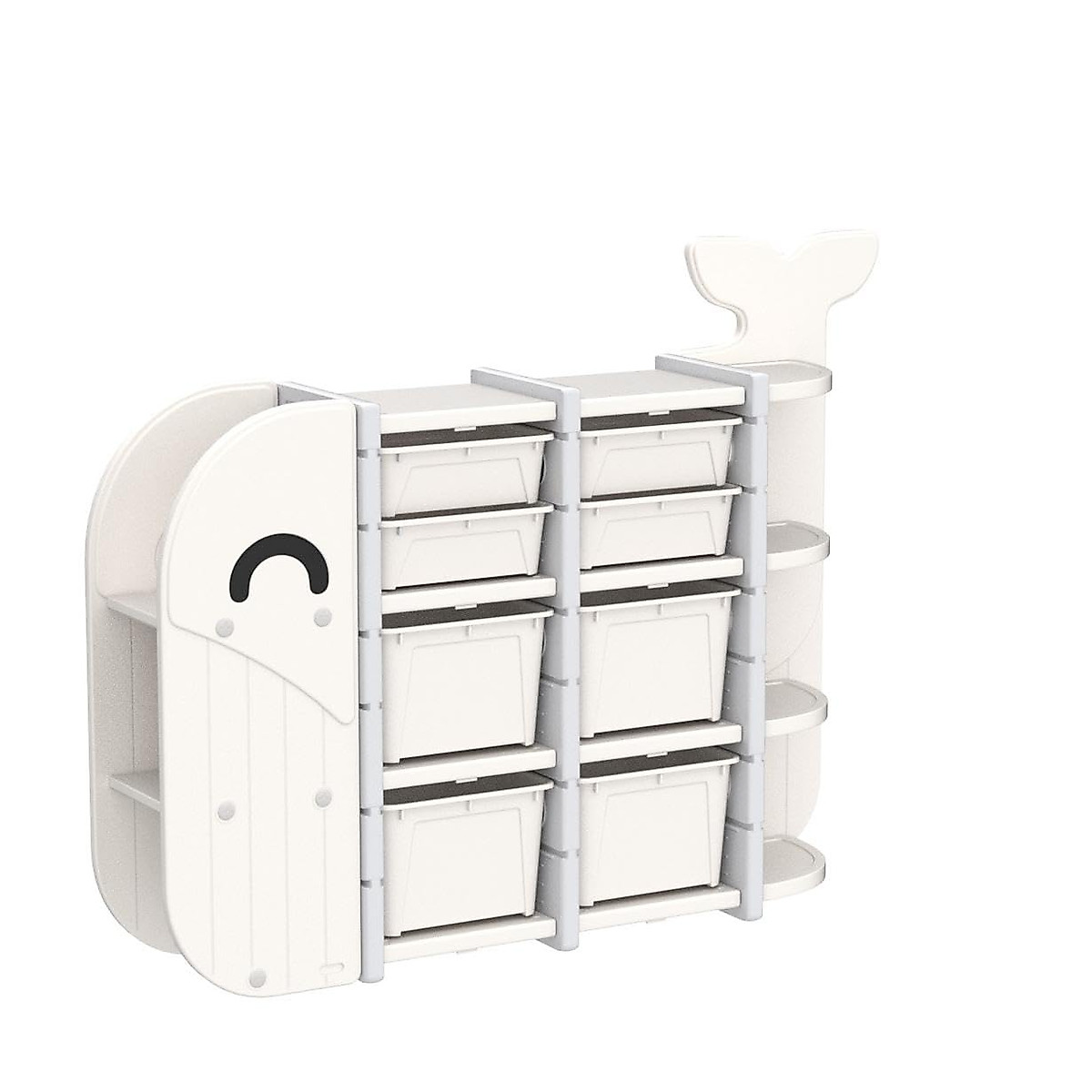 DUKE BABY Kids Large 4 Layer Toy Storage Organizer with 8 Pull-out Storage Bins, Display Bookshelves, Multipurpose Toy Cabinets for Kids Playrooms Bedrooms Age 1-12, Whale Collection White Grey