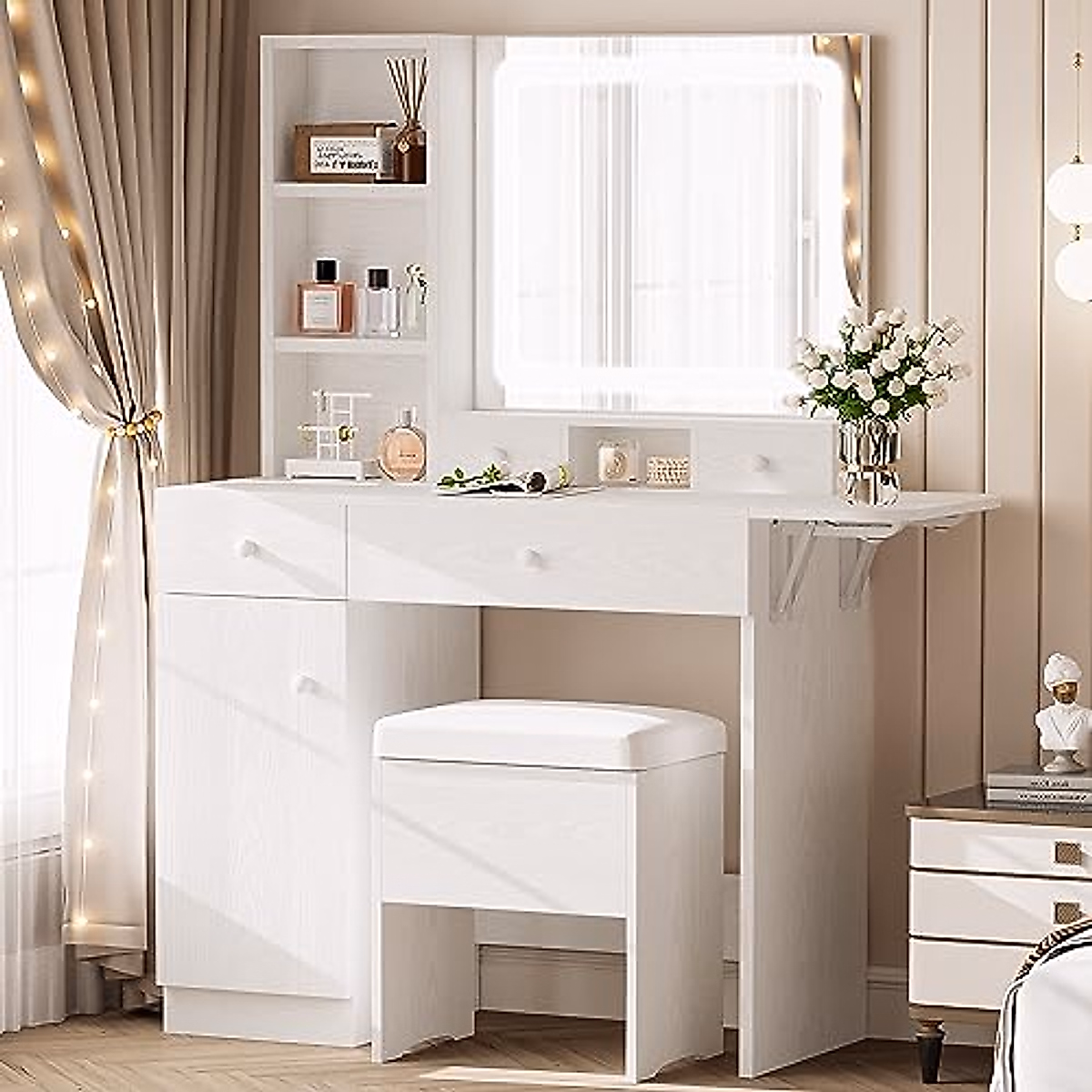 LIKIMIO Vanity Desk with Drawers & LED Lighted Mirror & Power Outlet & Cabinet, Storage Stool, Stylish Bedroom Makeup Table Set, White