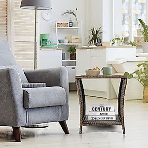 Wicker Side Table Porch Square Side Coffee Table with Glass Top and Storage Small End Tables Outdoor Porch Sofa Tables or Patio Lawn Balcony Pool Decoration Gold