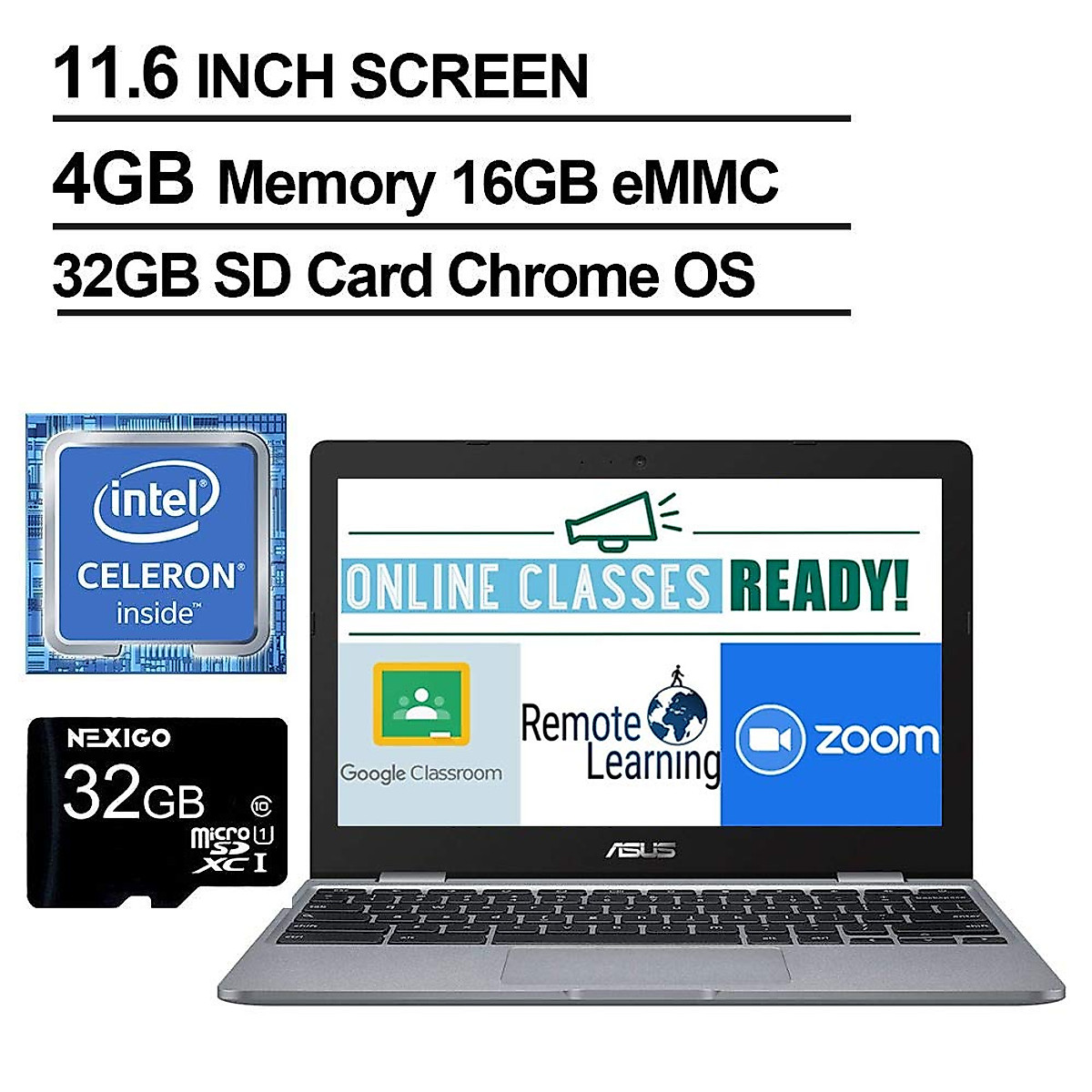 ASUS 2022 Newest Chromebook 11.6 Inch Laptop, Intel Celeron N3350 up to 2.4 GHz, 4GB RAM, 16GB eMMC, WiFi, Bluetooth, Webcam, Chrome OS + NexiGo 32GB MicroSD Card Bundle