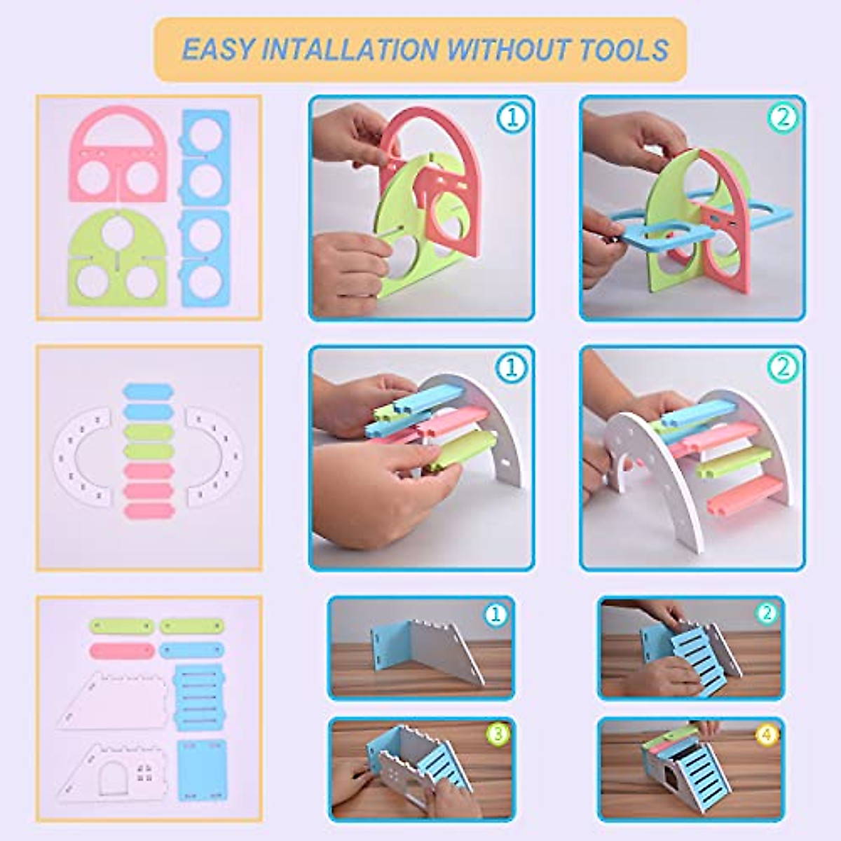 Yofunter Dwarf Hamster Toys Set for Hamster Cage Accessories - Gerbil Hideout and Houses,Fitness Circle Toy,Rainbow Bridage,Seasaw, Multi-colored