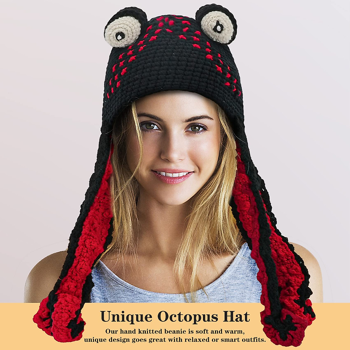 Aizami Knitted Winter Hat Knit Beanie Octopus Hat Unique Soft and Warm Hand Weave Hat for Women and Men Christmas Hat Black