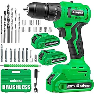 ANIRONA 20V Brushless Cordless Power Drill, 25+3 Hammer Drill Driver with 2x2.0Ah Batteries and Charger,450 In-lbs Torque, 3/8” Metal Keyless Chuck, 2-Variable Speeds,25 Bit Set with Case for Concrete