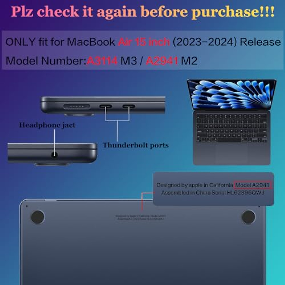 Teryeefi Compatible with M3 MacBook Air 15 inch Case Model A2941 2023 2024 Release, Plastic Hard Shell with Screen Protector + Keyboard Cover + USB Adapter for MacBook Air M2 15.3", Tropical Leaves